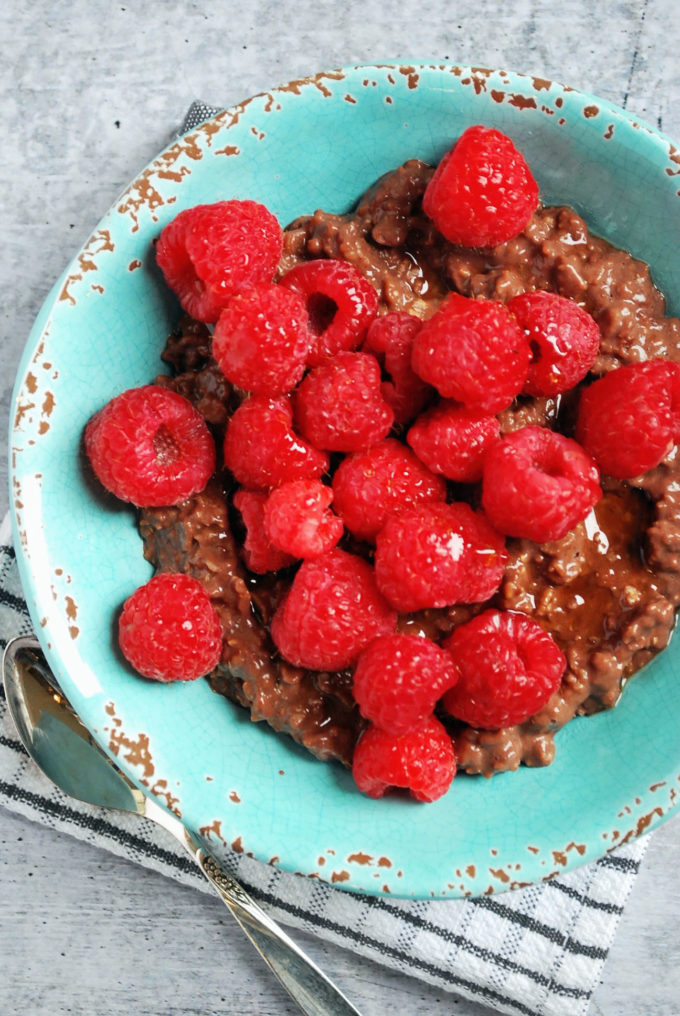 Easy Chocolate Protein Oats with Fresh Raspberries- Amee's Savory Dish